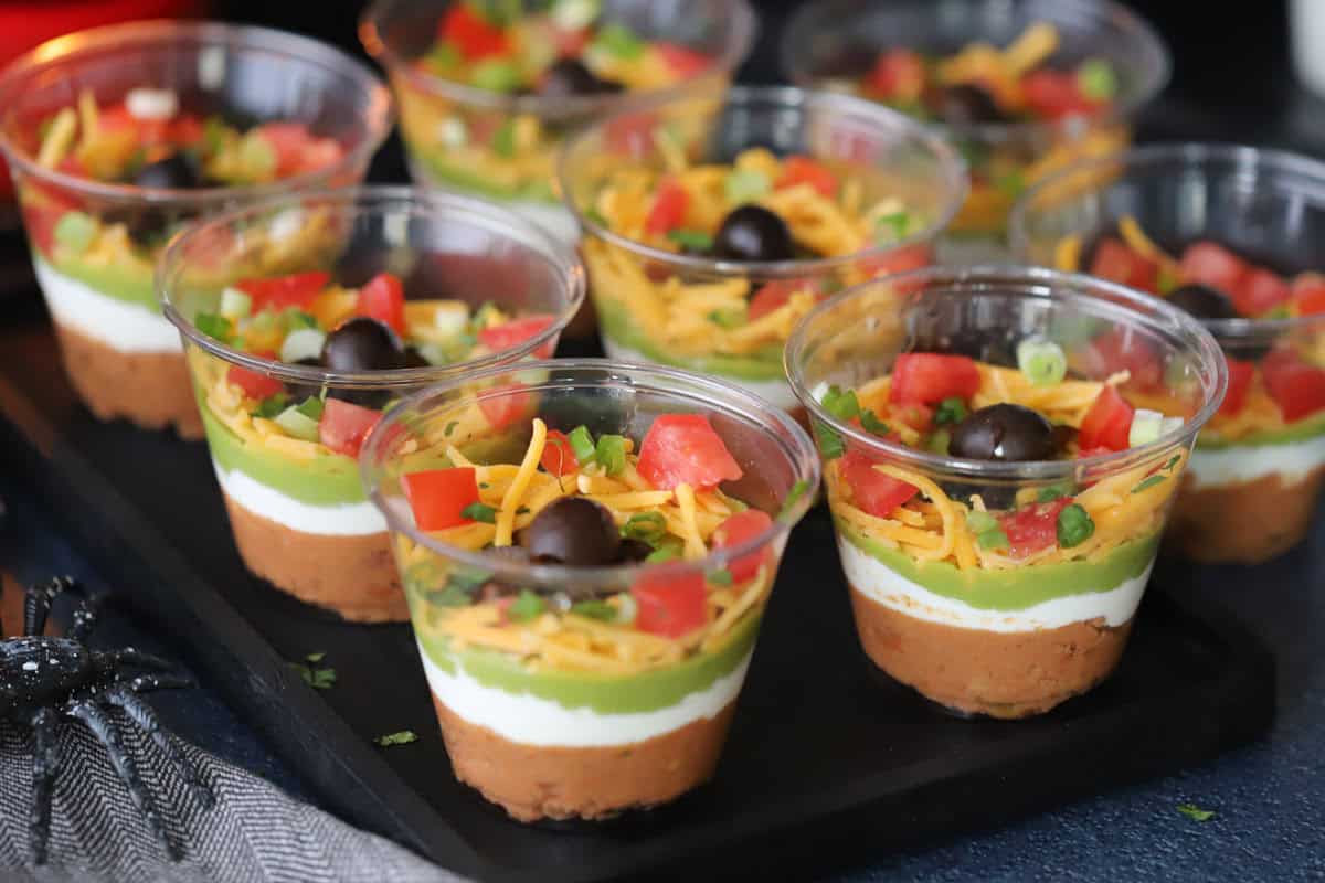 Individual 7 Layer Dip in Cups - The Carefree Kitchen